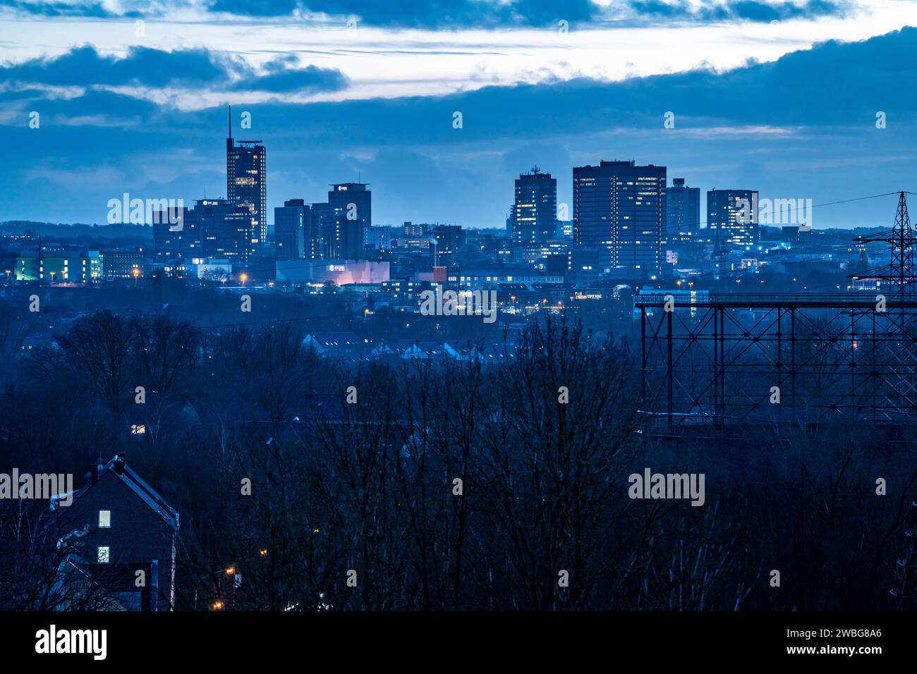 View of the skyline of Essen, city centre, seen from in front of the ...