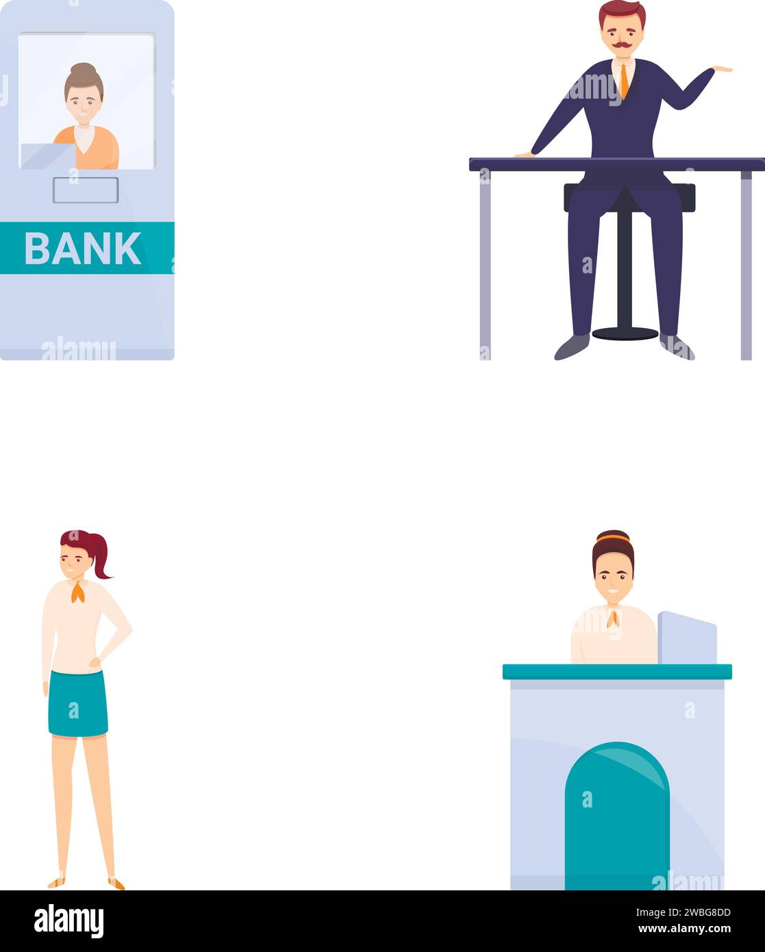 Banking service icons set cartoon vector. Banking employee sitting at ...