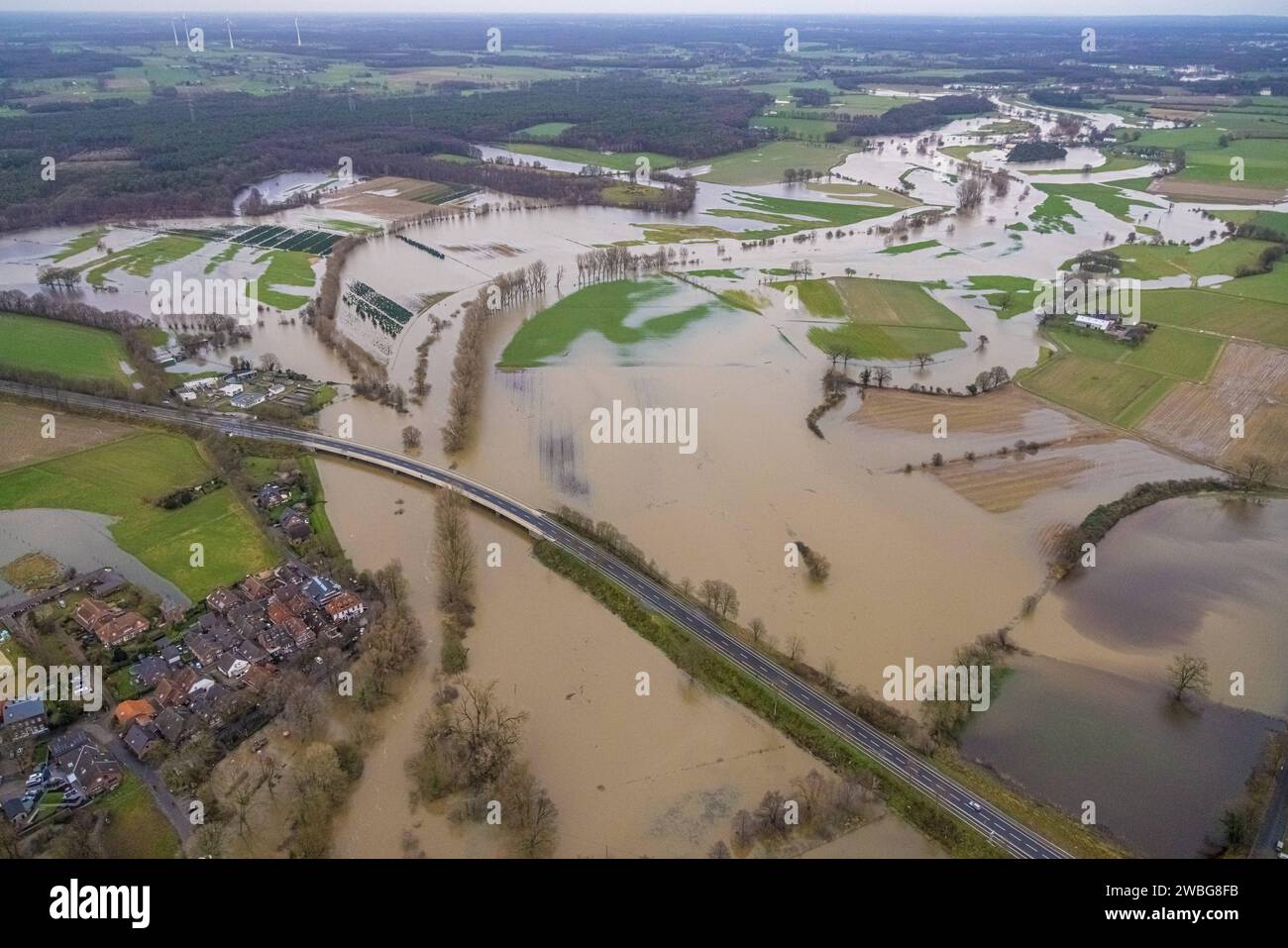 Luftbild vom Hochwasser der Lippe, Weihnachtshochwasser 2023, Fluss ...