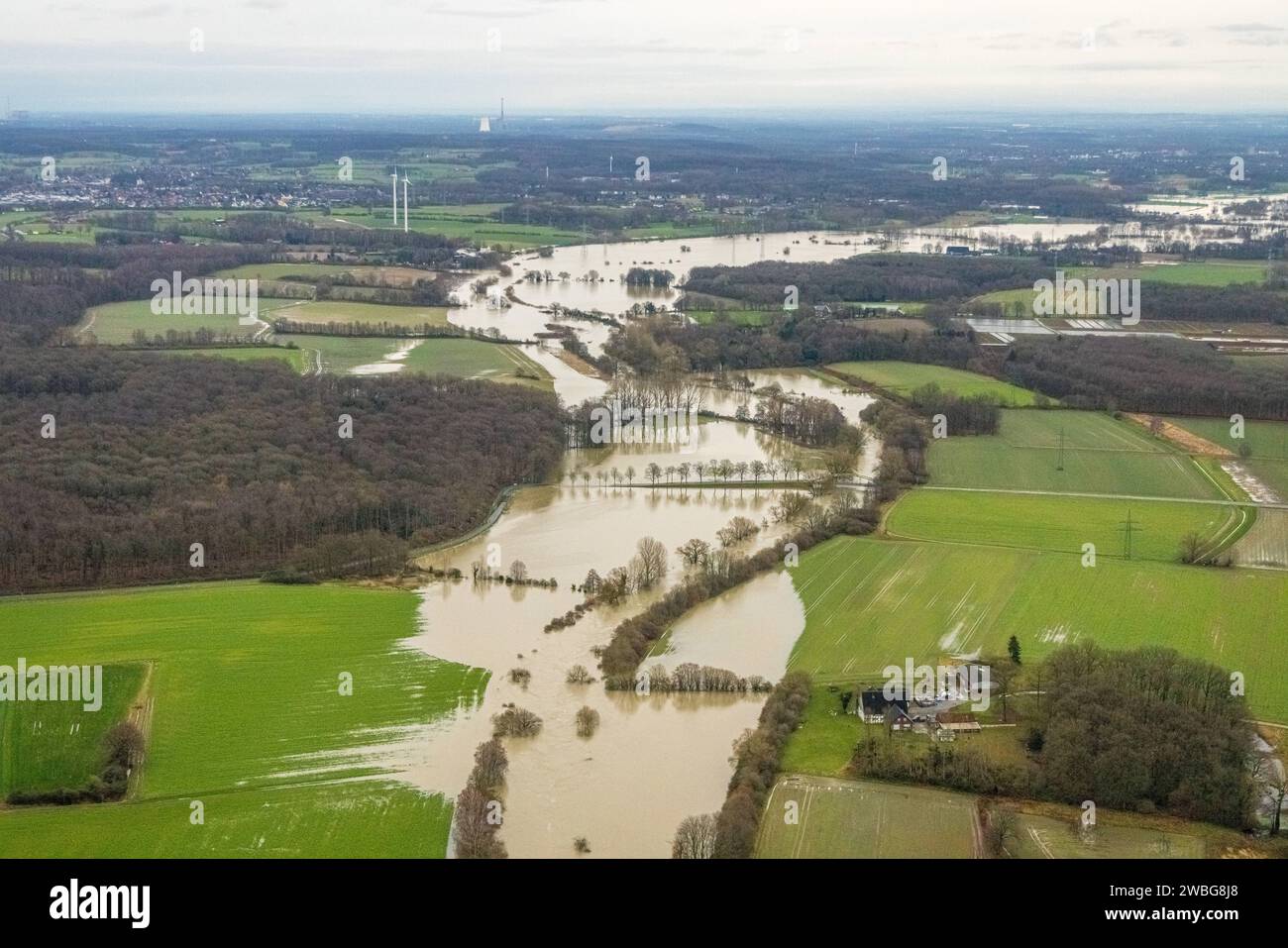 Luftbild vom Hochwasser der Lippe, Weihnachtshochwasser 2023, Fluss ...