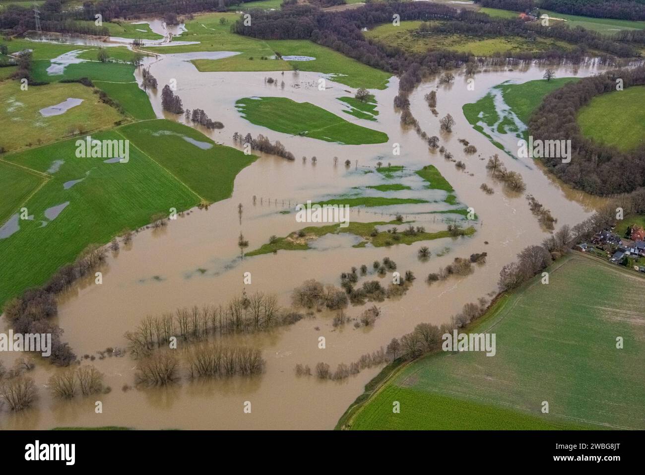 Luftbild vom Hochwasser der Lippe, Weihnachtshochwasser 2023, Fluss ...