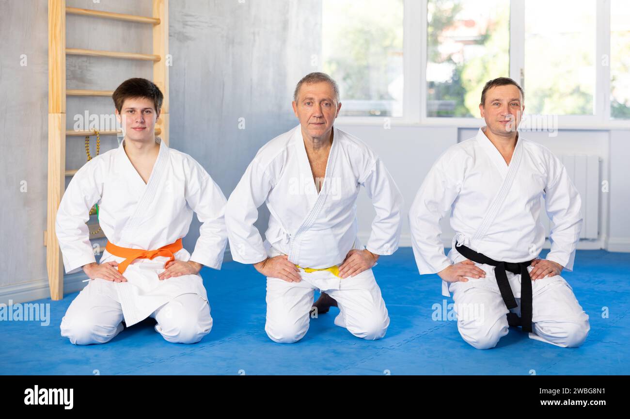 Successful male martial arts fighters sitting on knees on tatami Stock ...