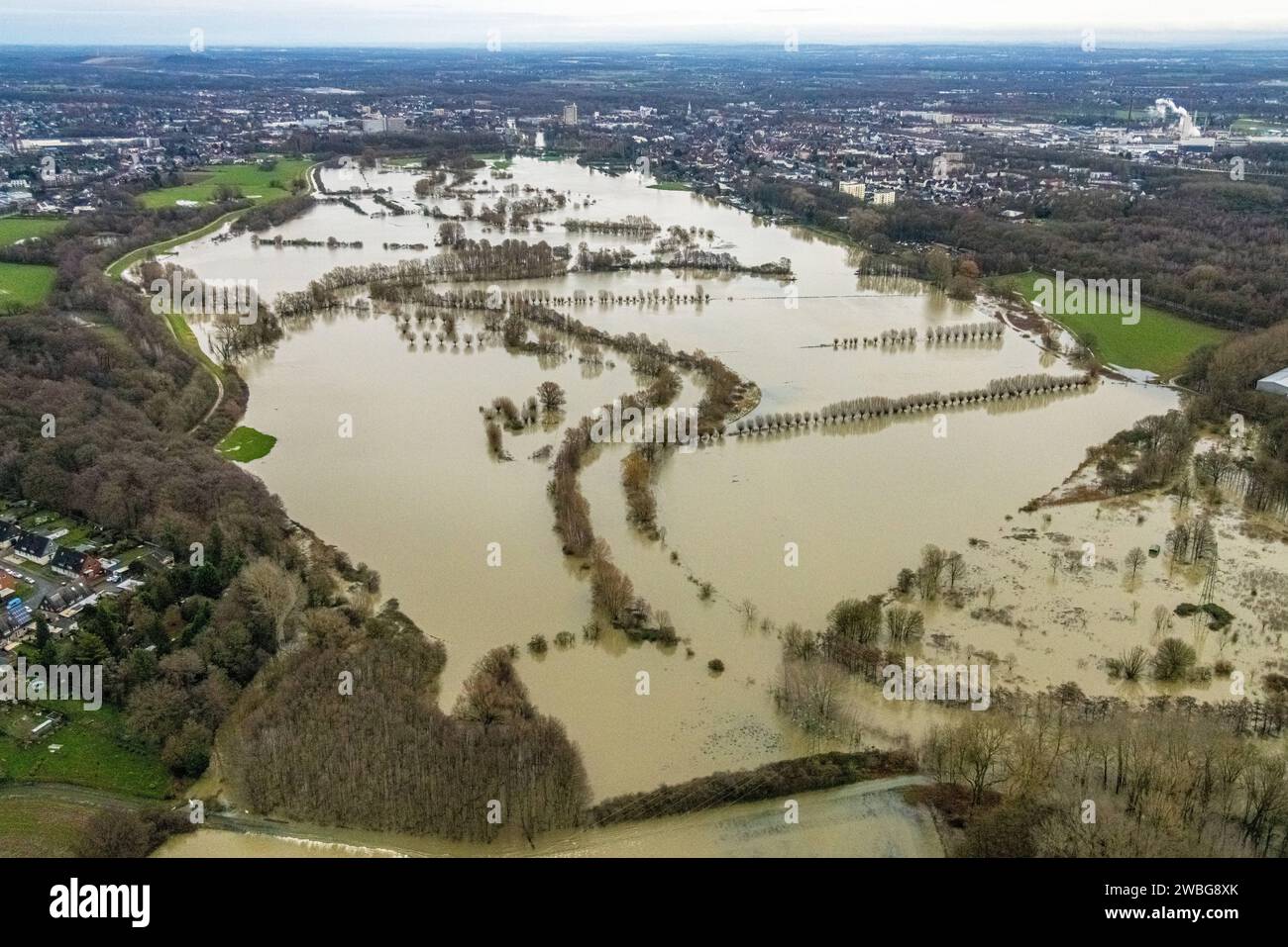 Luftbild vom Hochwasser der Lippe, Weihnachtshochwasser 2023, Fluss ...