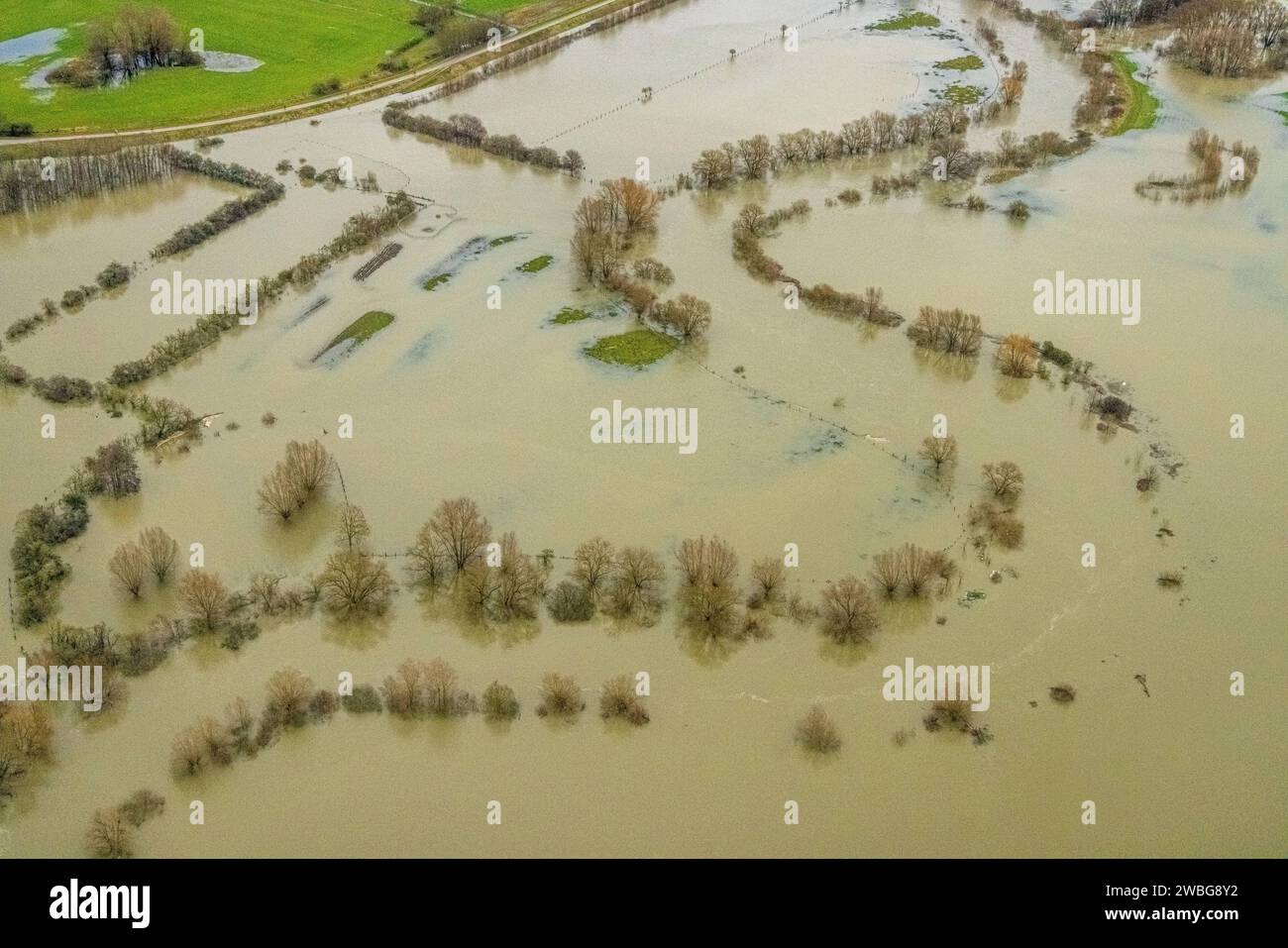 Luftbild vom Hochwasser der Lippe, Weihnachtshochwasser 2023, Fluss ...