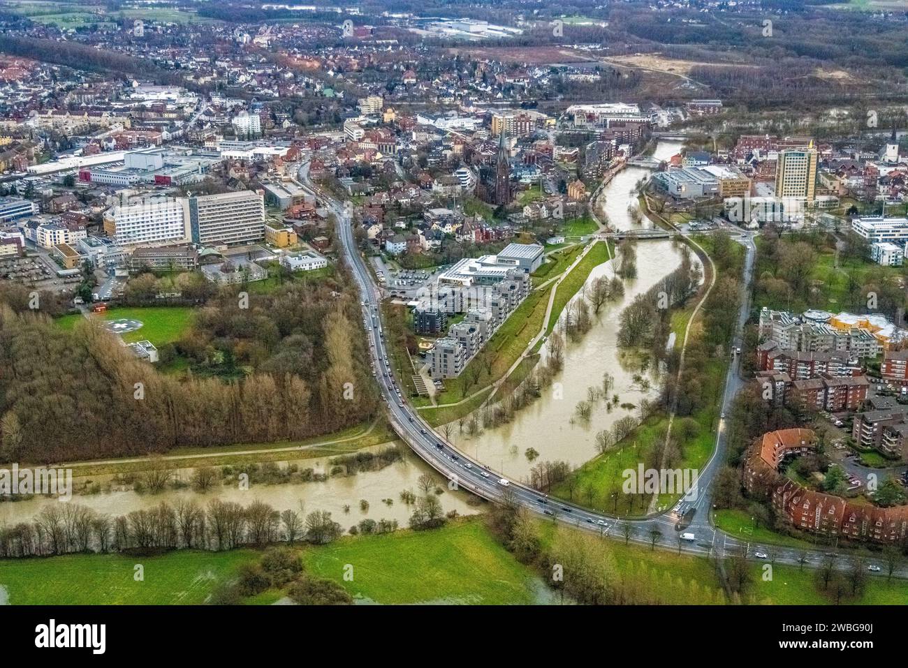 Luftbild vom Hochwasser der Lippe, Weihnachtshochwasser 2023, Fluss ...