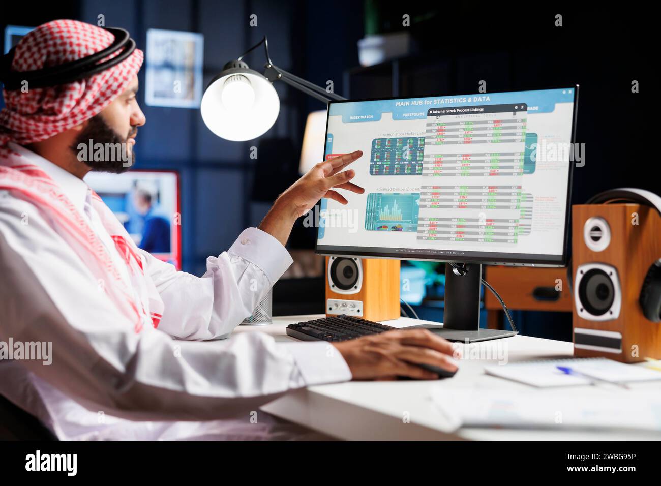 An Arab businessman diligently analyzing data on his computer, making ...