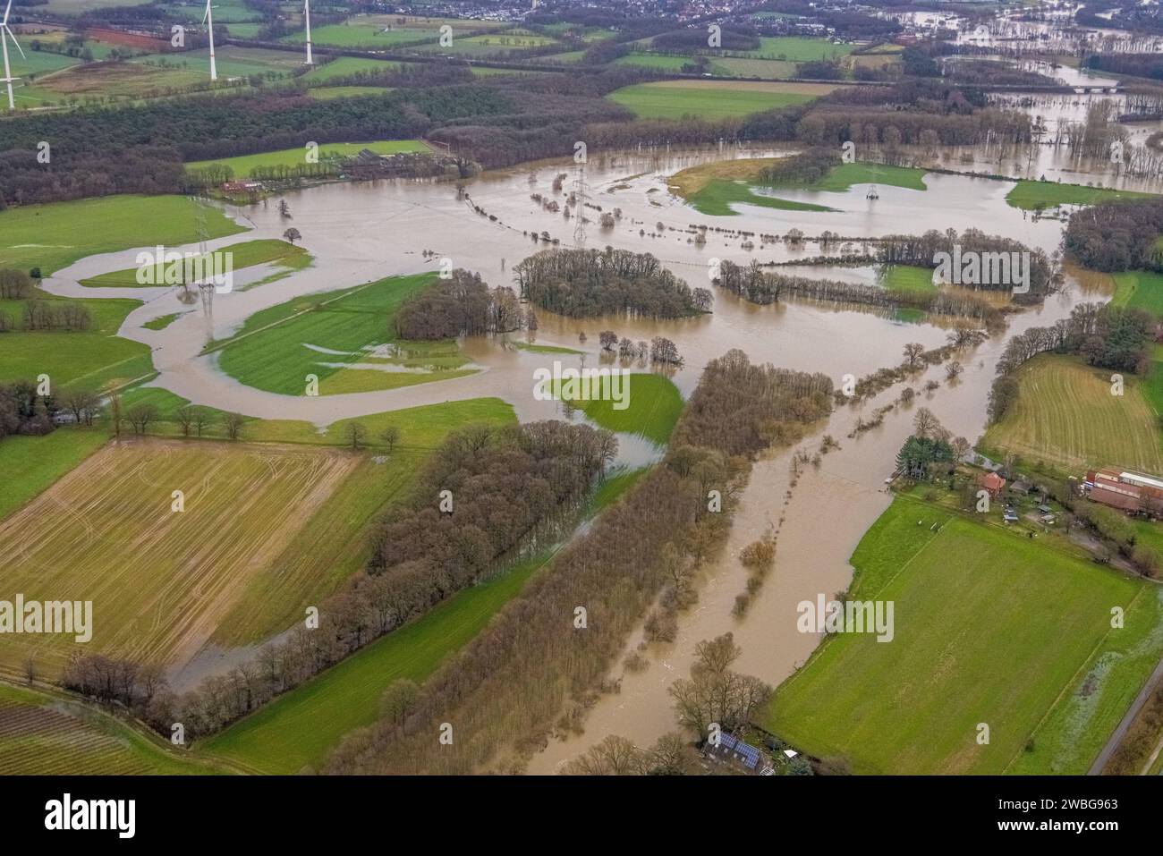 Luftbild vom Hochwasser der Lippe, Weihnachtshochwasser 2023, Fluss ...