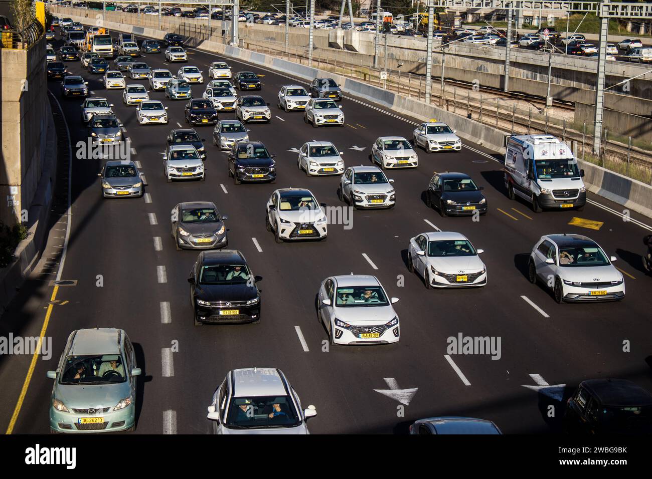 Tel Aviv, Israel – January 10, 2024 Heavy car traffic on the highway ...