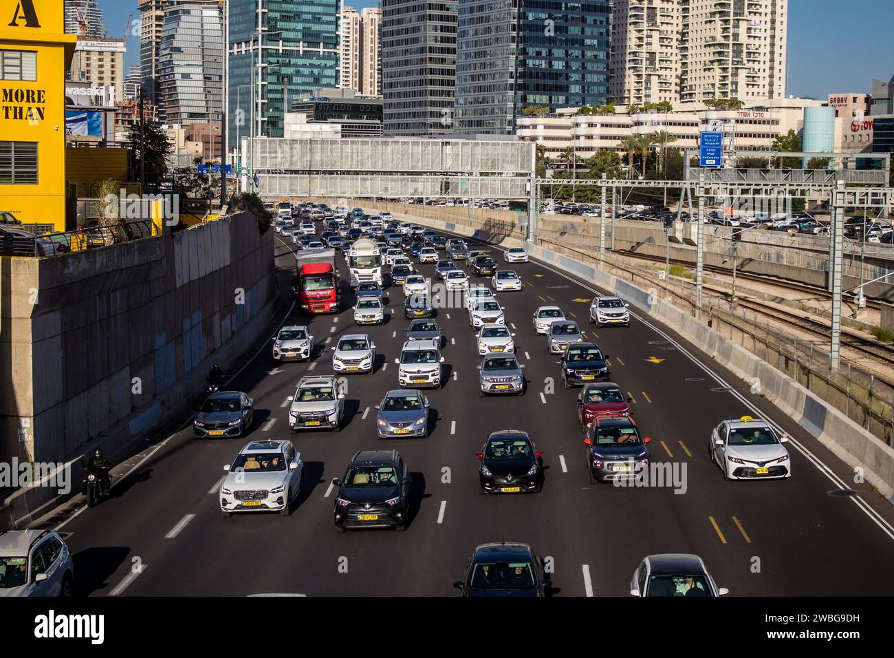 Tel Aviv, Israel – January 10, 2024 Heavy car traffic on the highway ...
