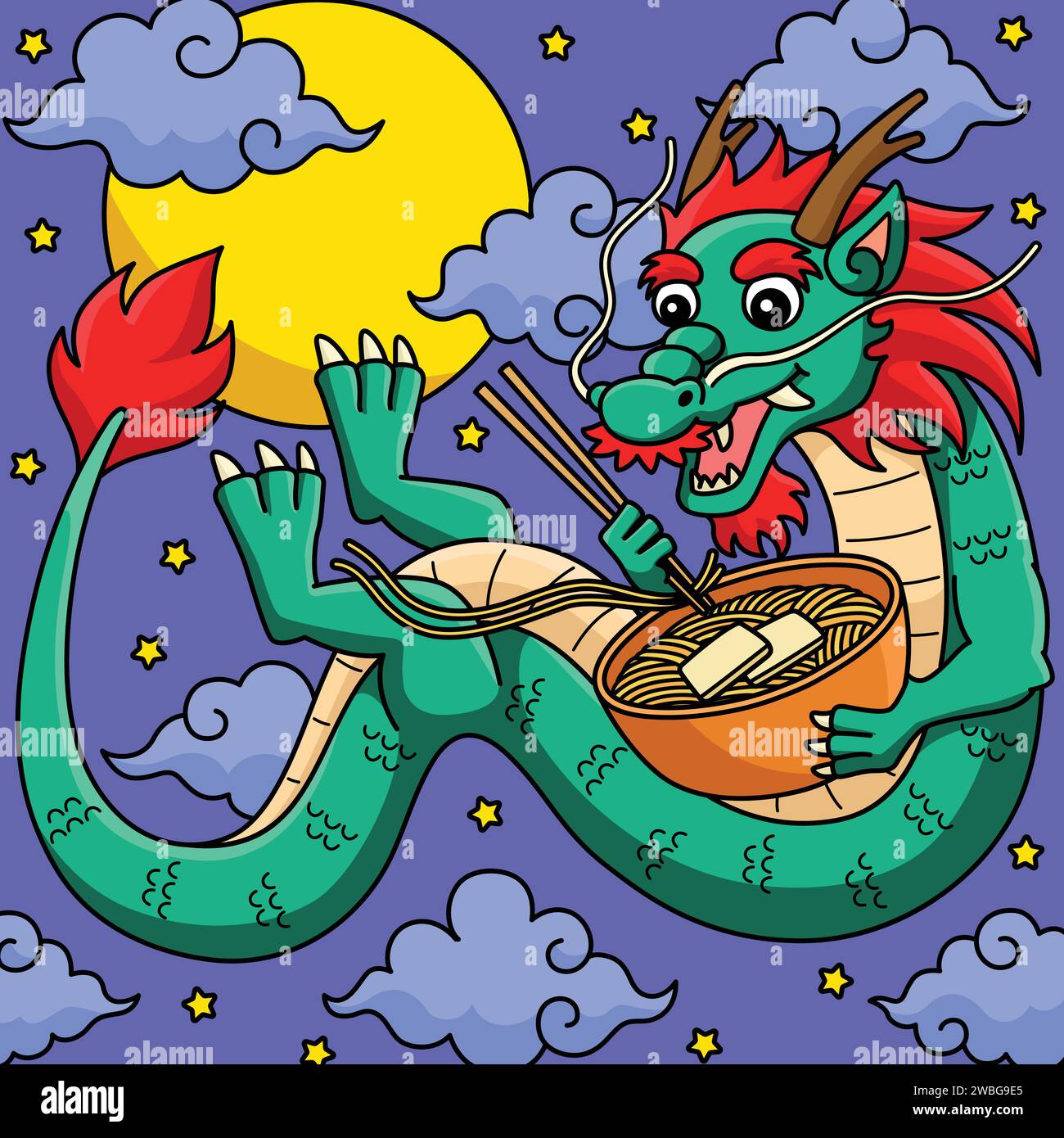 Year of the Dragon Eating Noodles Colored Cartoon Stock Vector Image ...