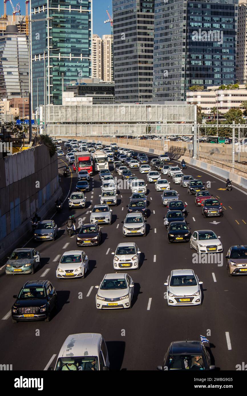 Tel Aviv, Israel – January 10, 2024 Heavy car traffic on the highway ...