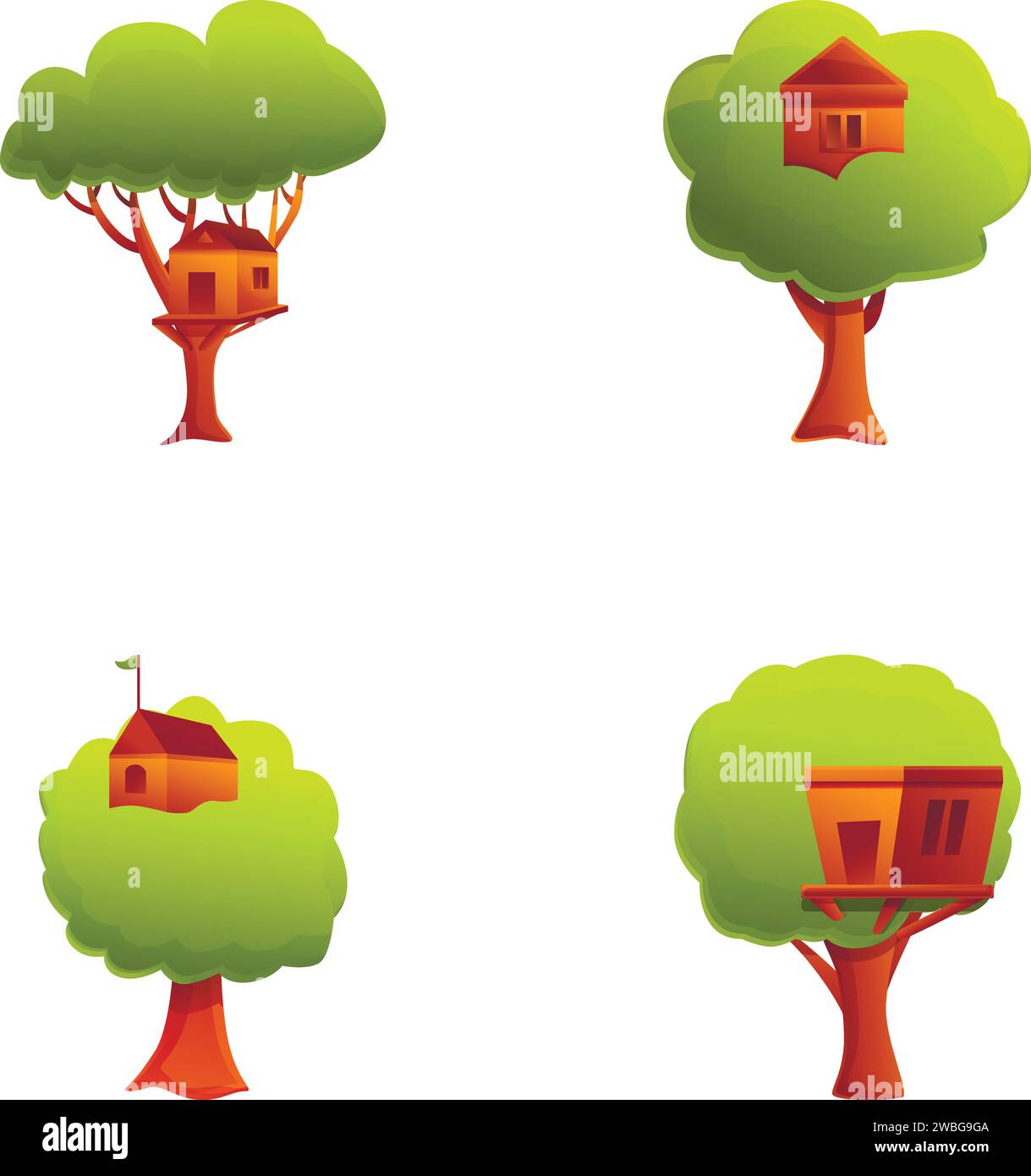 Tree house icons set cartoon vector. Cozy building on wood branch in ...