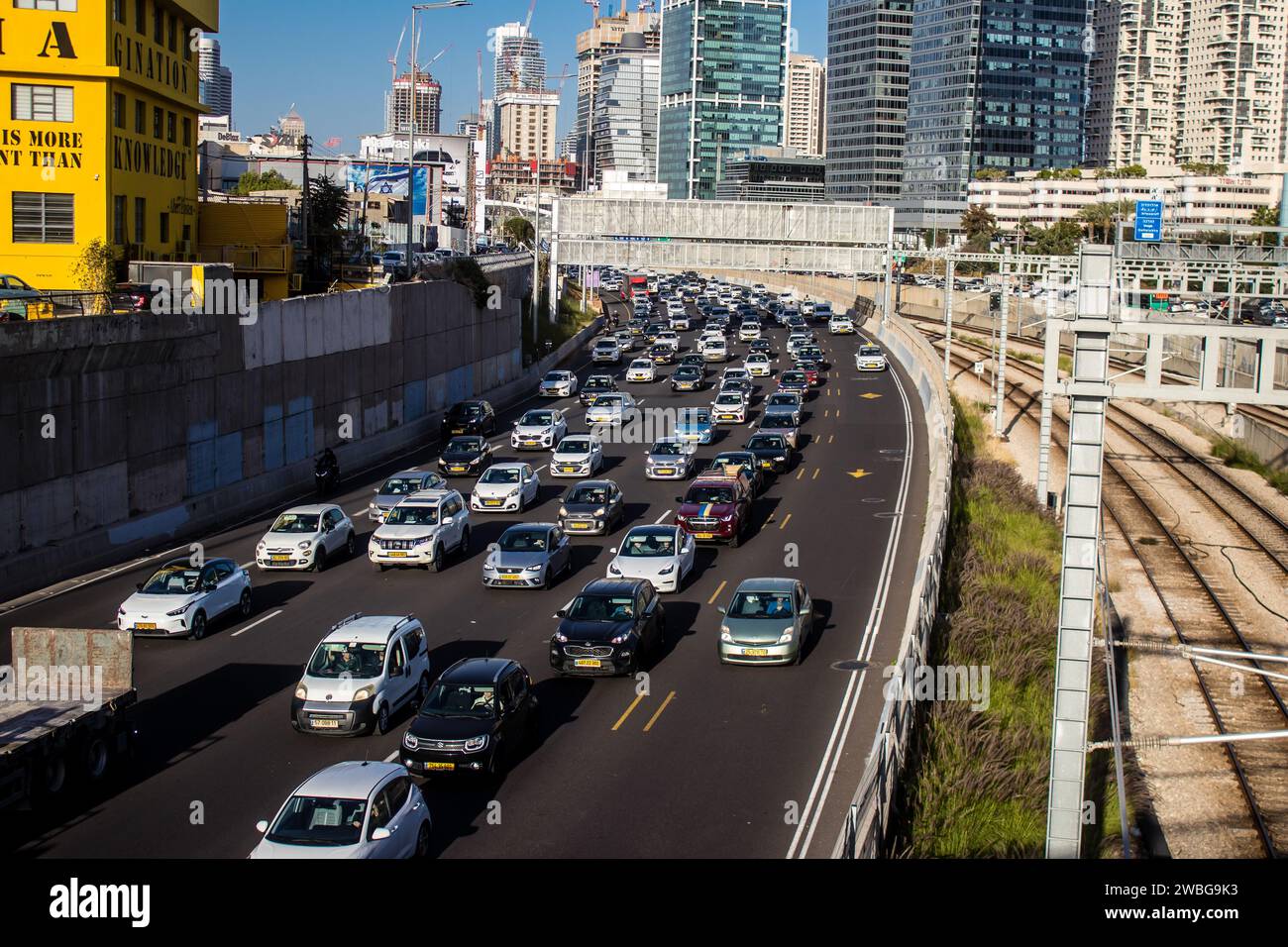 Tel Aviv, Israel – January 10, 2024 Heavy car traffic on the highway ...