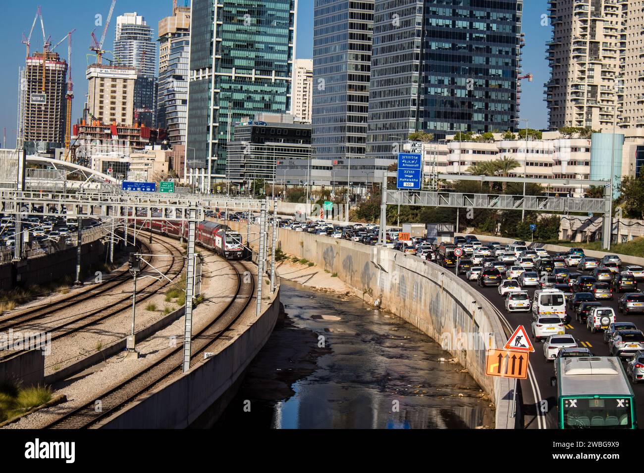 Tel Aviv, Israel – January 10, 2024 Heavy car traffic on the highway ...