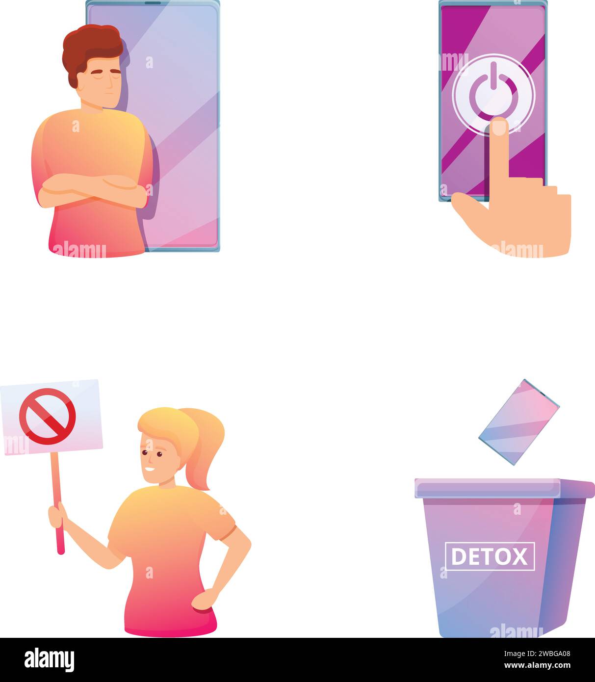 Gadget addiction icons set cartoon vector. Smartphone dependence of ...