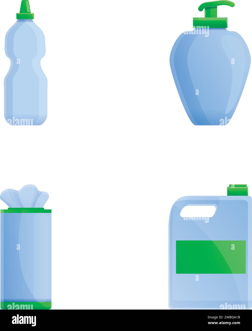 Cleaning product icons set cartoon vector. Various detergent packaging ...