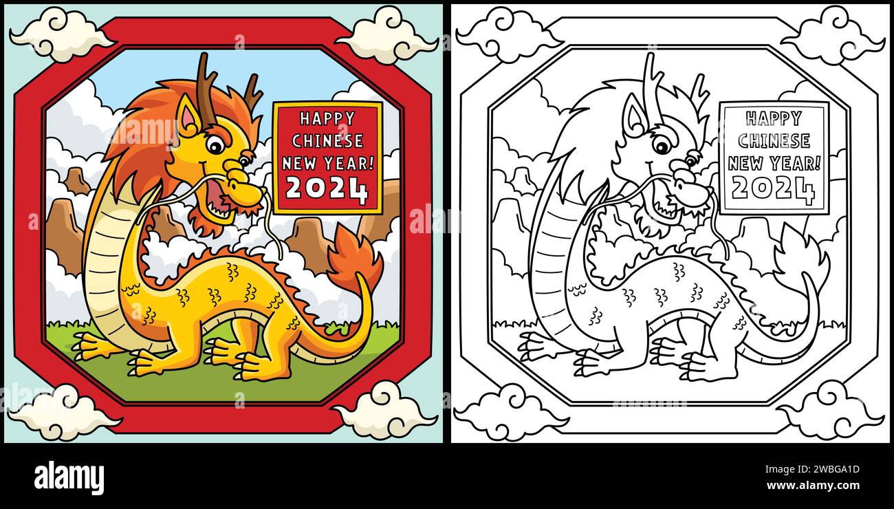 Happy Chinese New Year 2024 Coloring Illustration Stock Vector Image ...