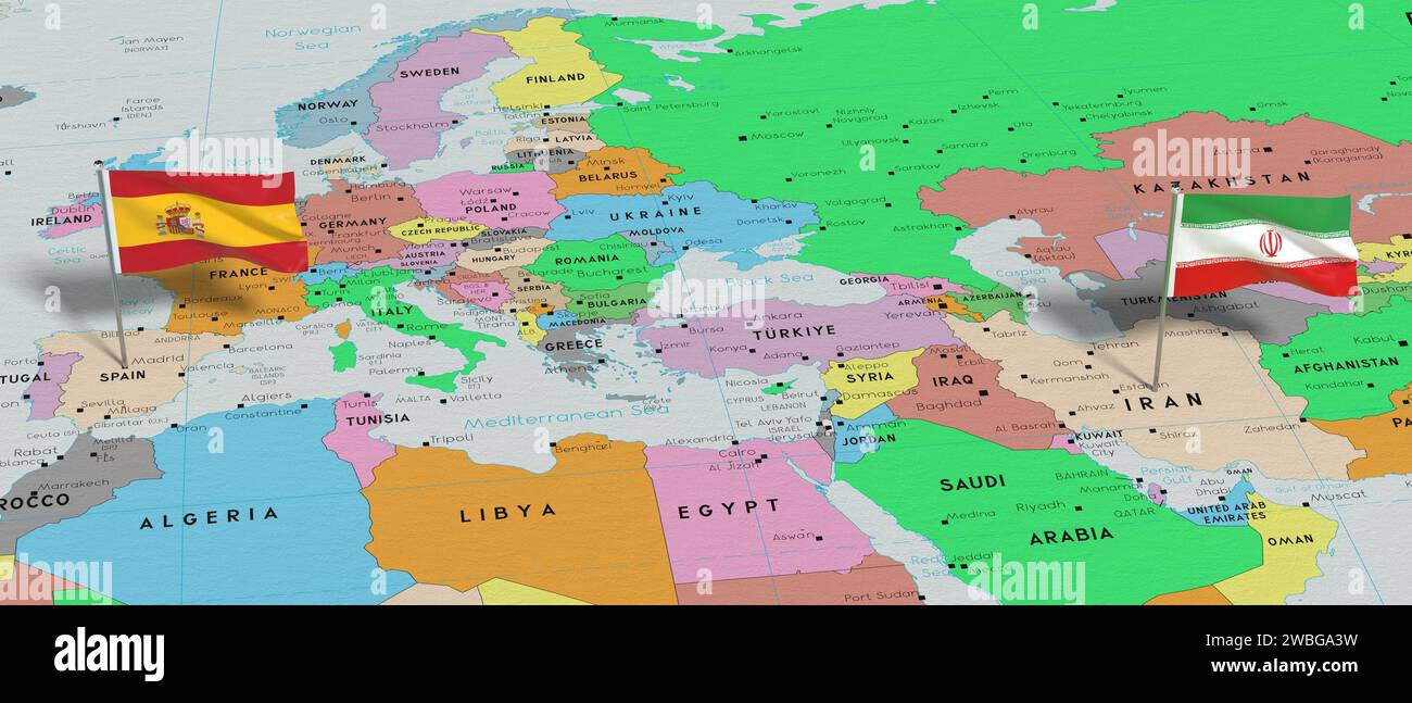 Spain and Iran - pin flags on political map - 3D illustration Stock ...