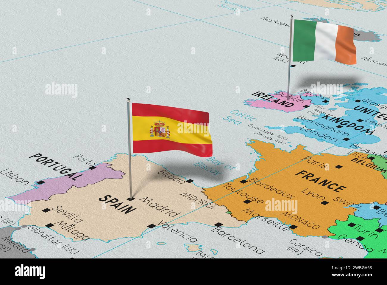 Spain and Ireland - pin flags on political map - 3D illustration Stock ...