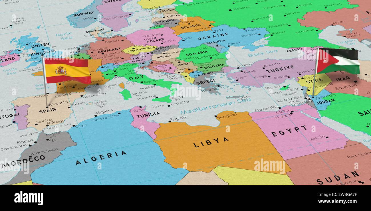 Spain and Jordan - pin flags on political map - 3D illustration Stock ...