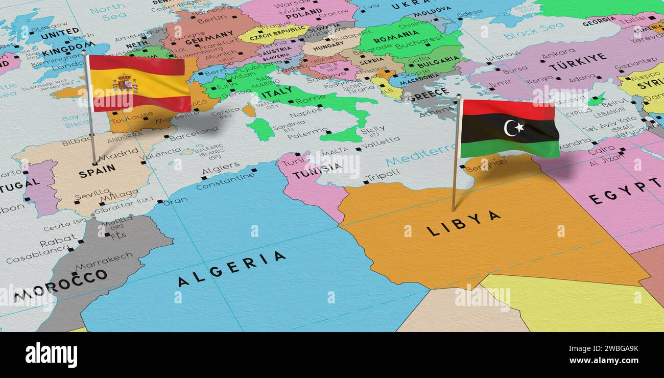 Spain and Libya - pin flags on political map - 3D illustration Stock ...