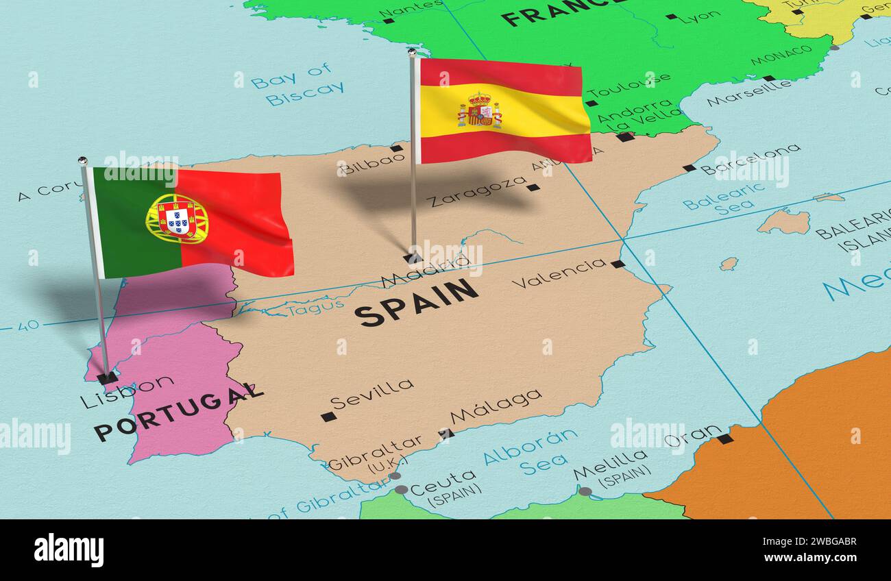 Spain and Portugal - pin flags on political map - 3D illustration Stock ...