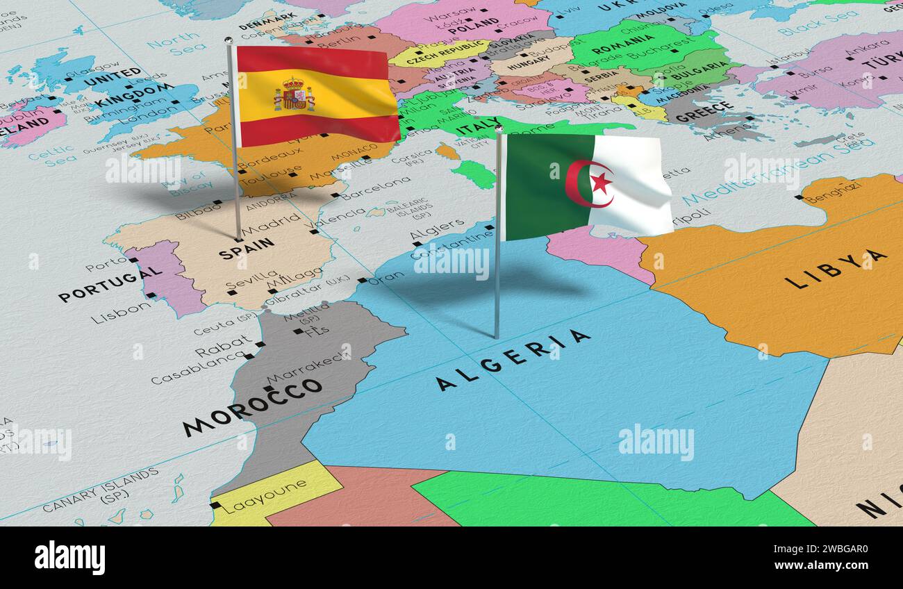 Spain and Algeria - pin flags on political map - 3D illustration Stock ...