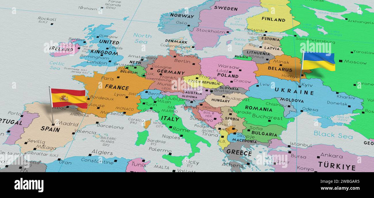 Spain and Ukraine - pin flags on political map - 3D illustration Stock ...