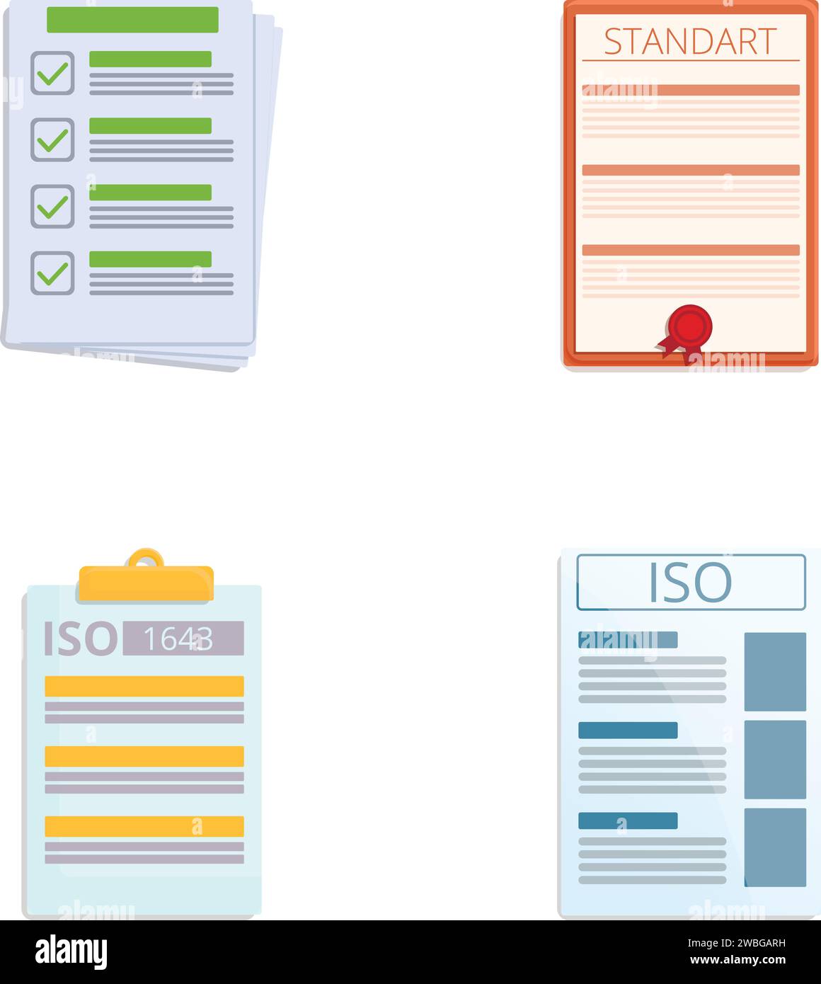Iso standard icons set cartoon vector. Certification document with ...