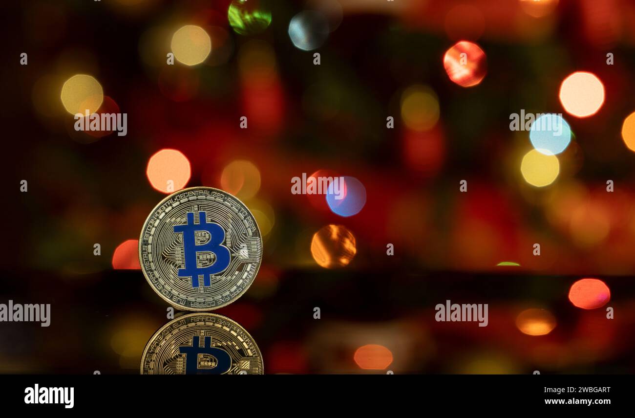 Bitcoin coin with reflection on bokeh background. Cryptocurrency and digital money concept Stock ...