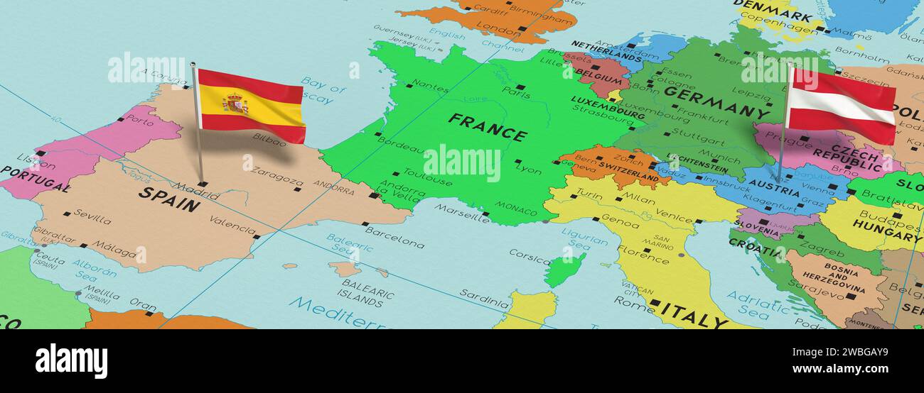 Spain and Austria - pin flags on political map - 3D illustration Stock ...