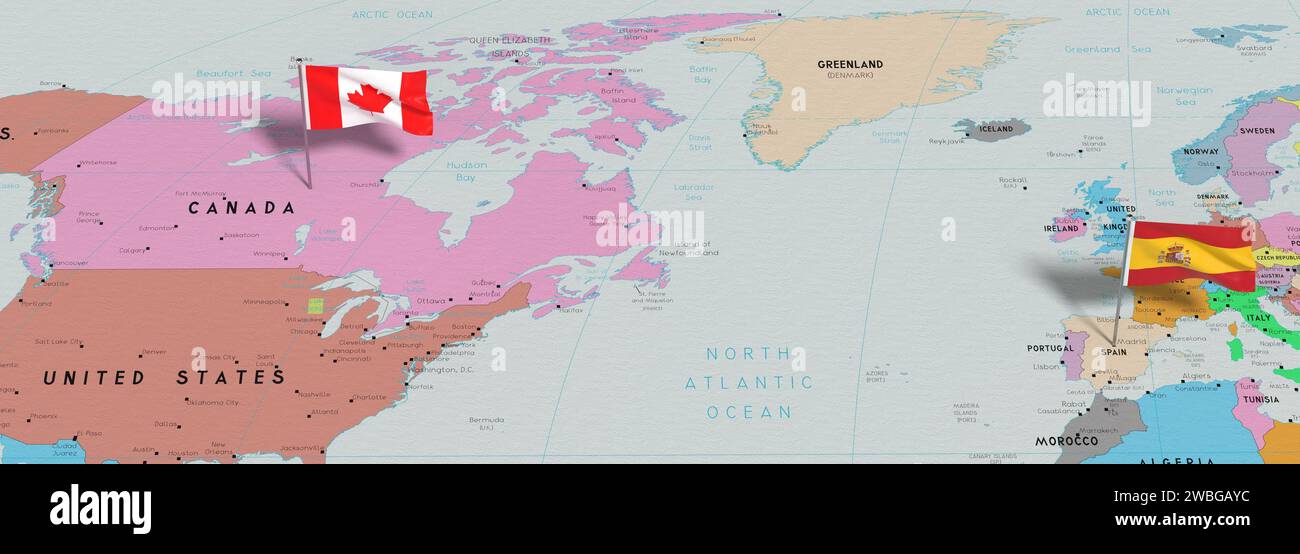 Spain and Canada - pin flags on political map - 3D illustration Stock ...