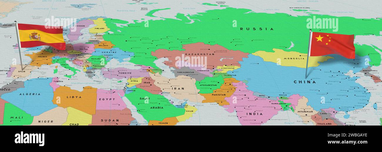 Spain and China - pin flags on political map - 3D illustration Stock ...