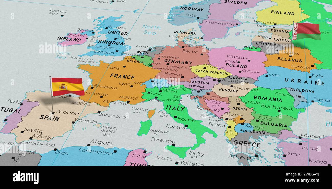Spain and Belarus - pin flags on political map - 3D illustration Stock ...