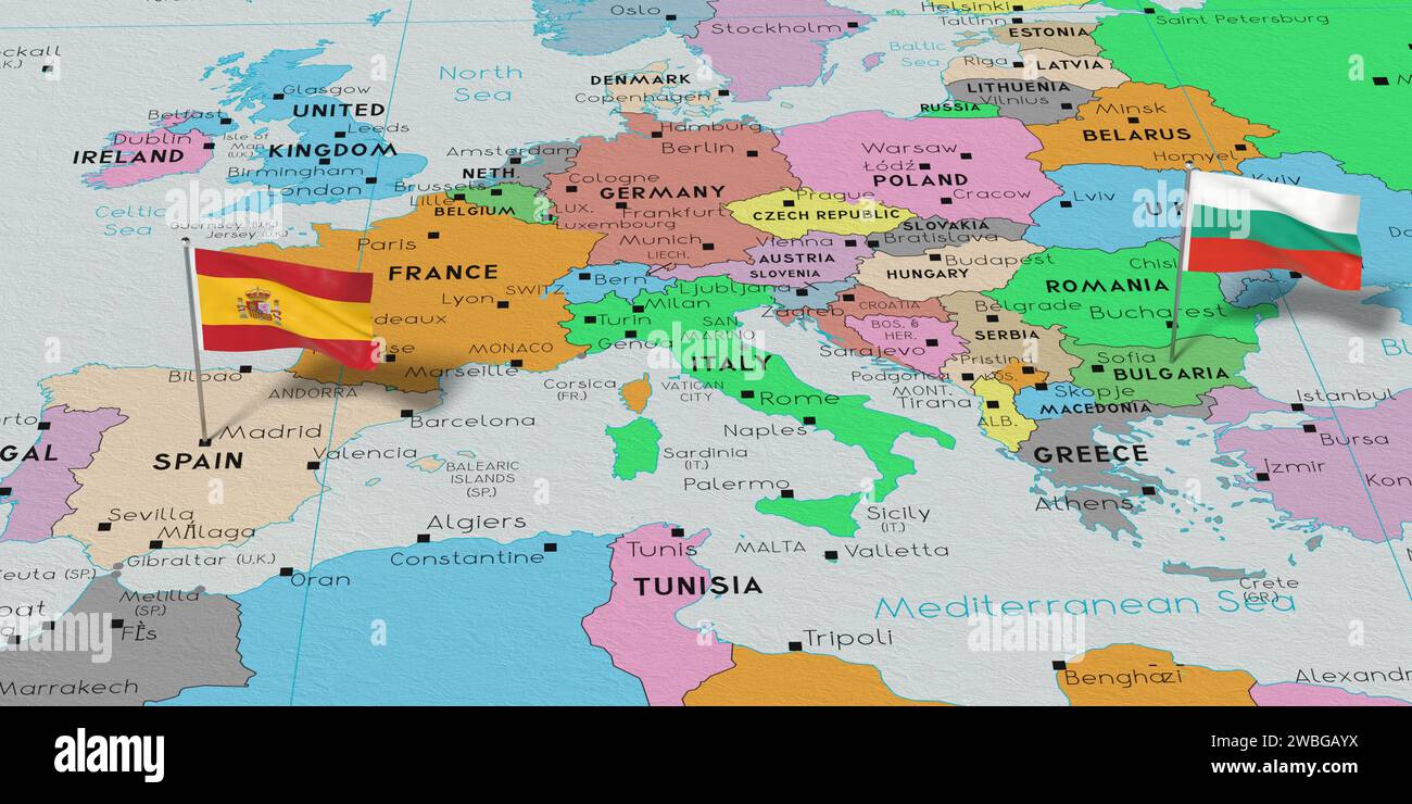 Spain and Bulgaria - pin flags on political map - 3D illustration Stock ...