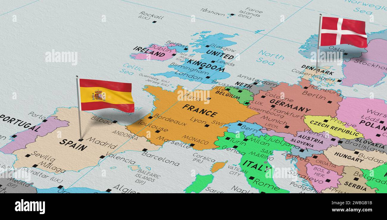 Spain and Denmark - pin flags on political map - 3D illustration Stock ...