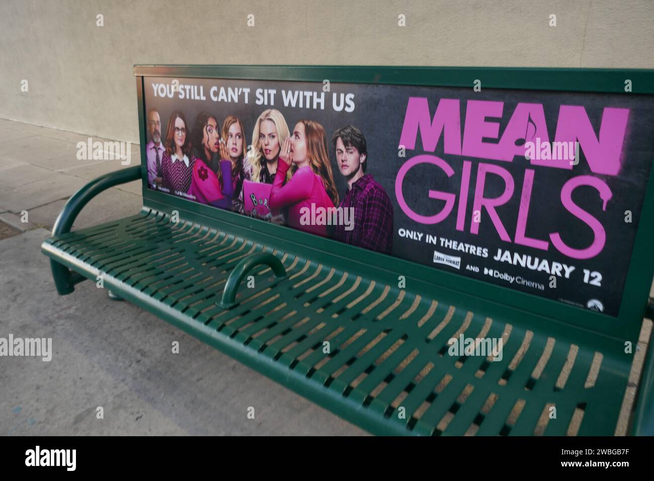 Los Angeles, California, USA 9th January 2024 Mean Girls Bus Bench on ...