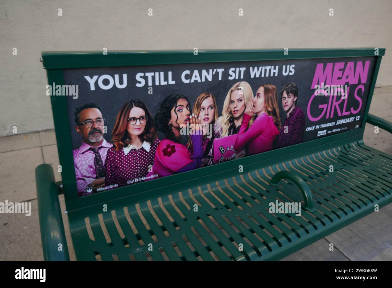 Los Angeles, California, USA 9th January 2024 Mean Girls Bus Bench on ...