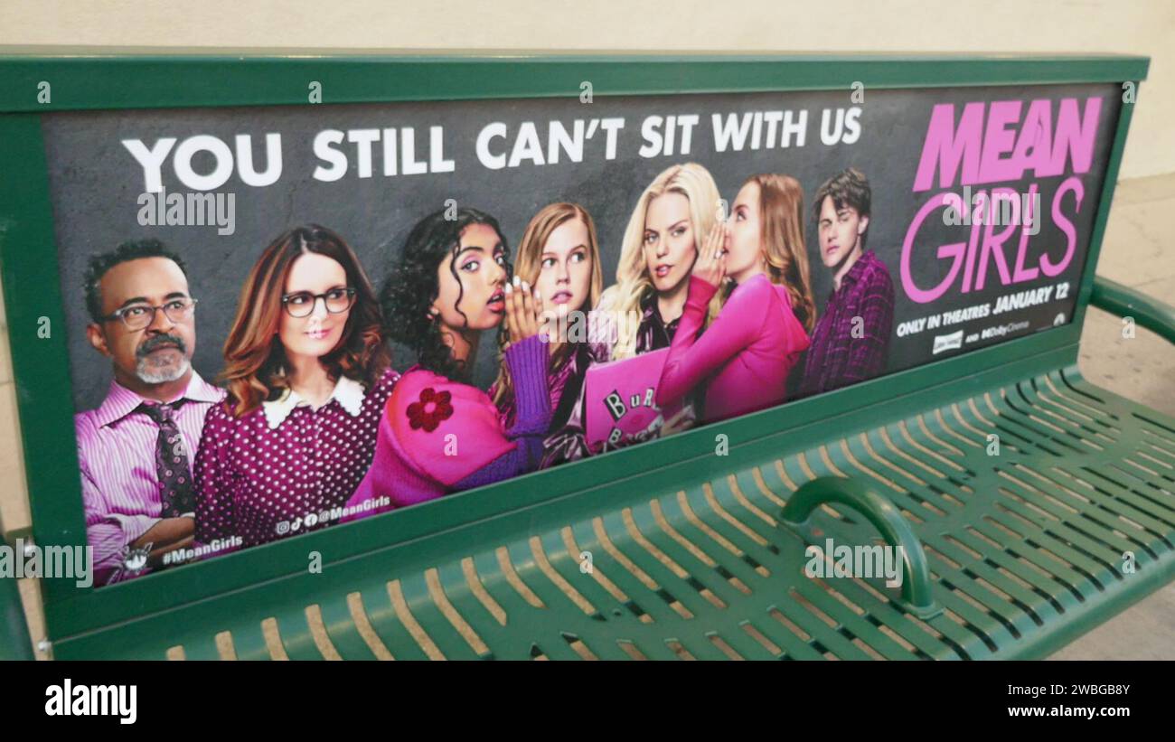 Los Angeles, California, USA 9th January 2024 Mean Girls Bus Bench on ...