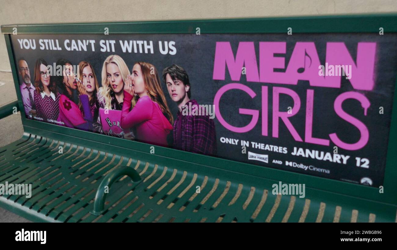 Los Angeles, California, USA 9th January 2024 Mean Girls Bus Bench on ...