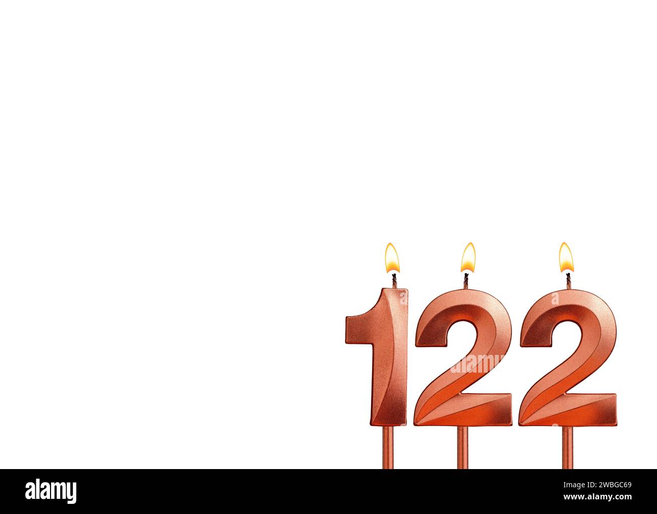 Burning candle number 122 for birthday on white background Stock Photo ...
