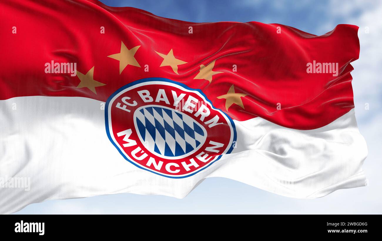 Munich, DE, Jan 9 2024: Bayern Munich flag waving in the wind on a ...