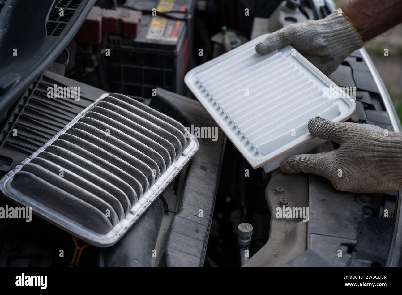 The master changes the air filter in the car engine Stock Photo - Alamy