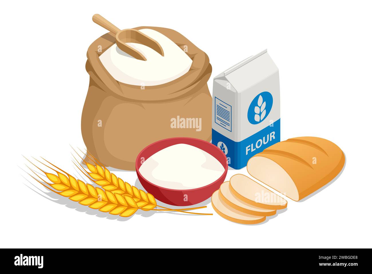 Isometric fresh crispy wheat bread cut into pieces, open sack of flour ...