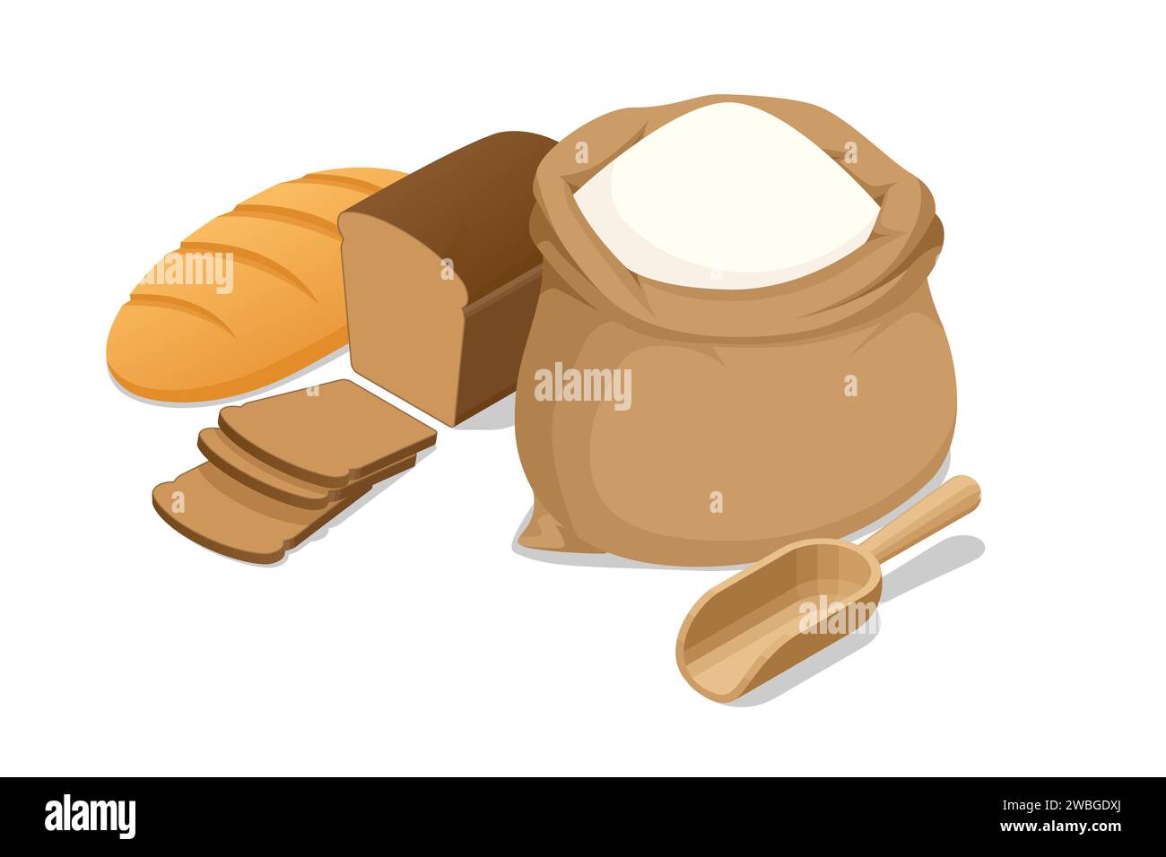 Isometric fresh crispy wheat bread and rye flour bread cut into pieces ...