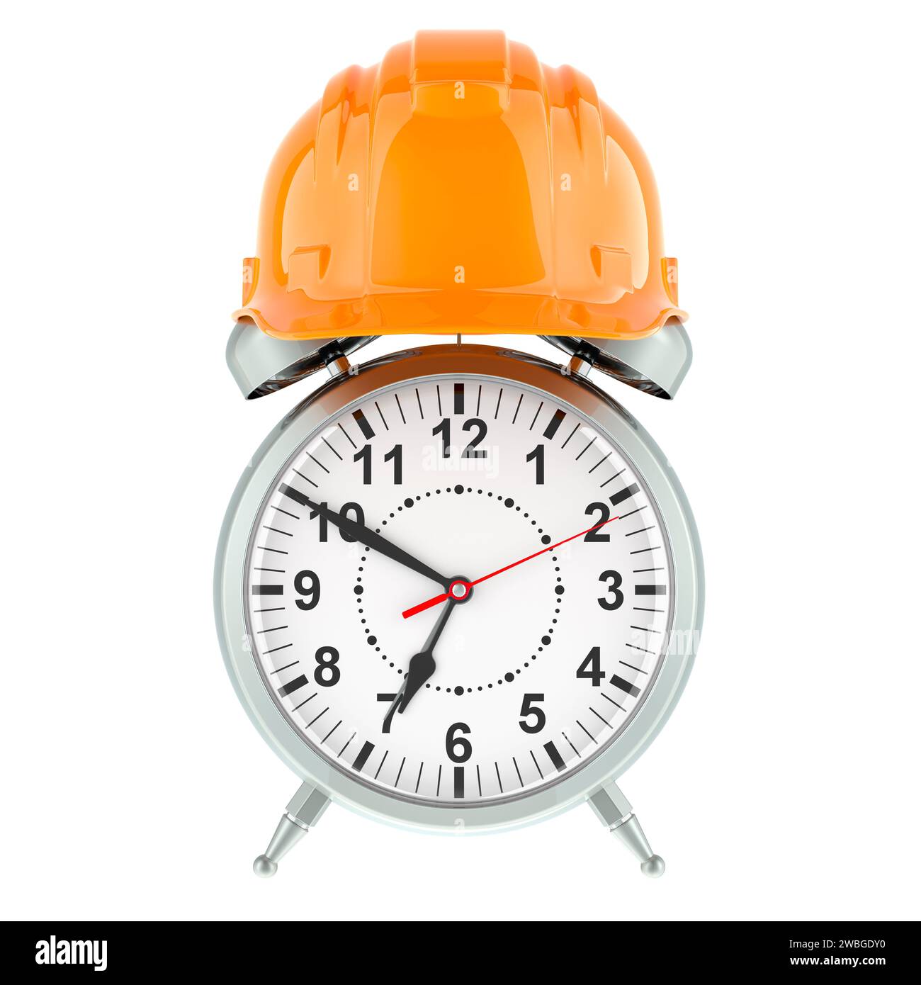 Alarm Clock with Construction Orange Hard Hat, 3D rendering isolated on ...