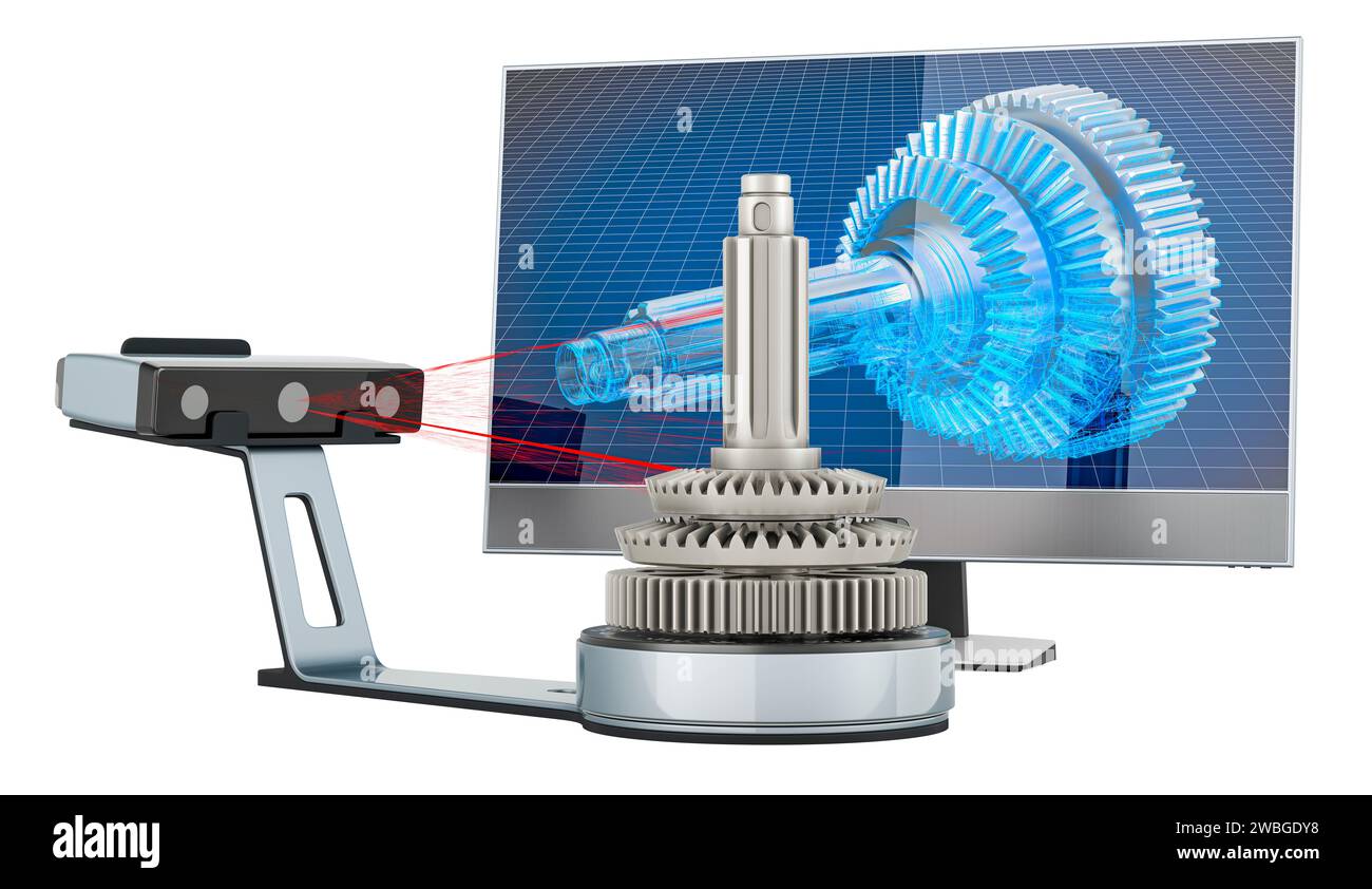 3D scanner scanning of detail with computer monitor, 3D rendering ...
