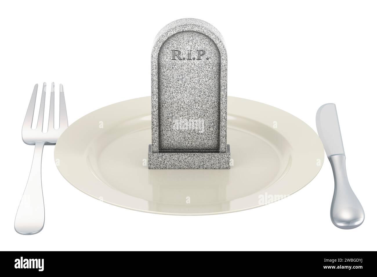 Dinner plate with Gravestone. Food poisoning, concept. 3D rendering ...