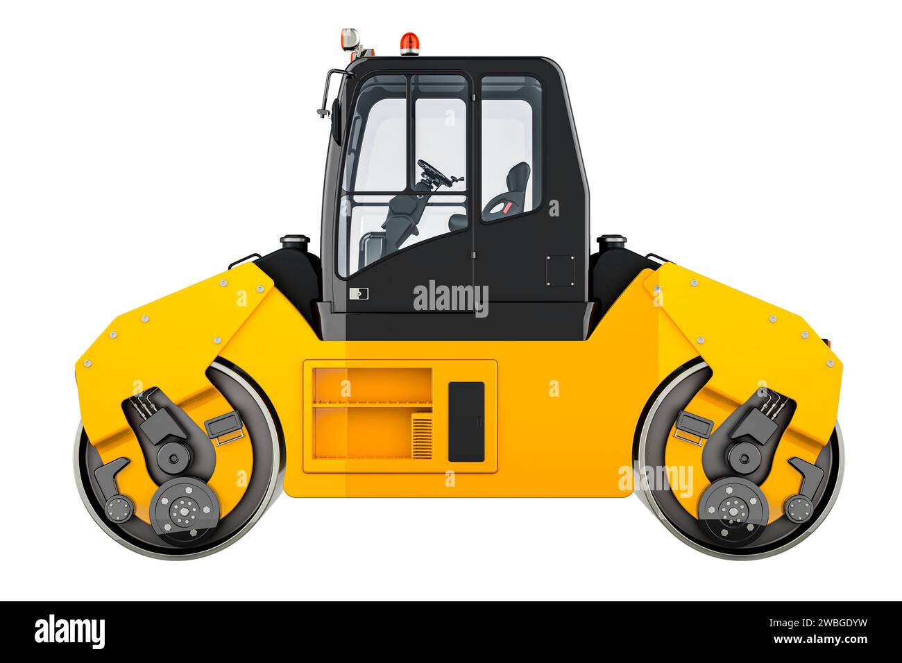 Yellow road roller, side view. 3D rendering isolated on white ...