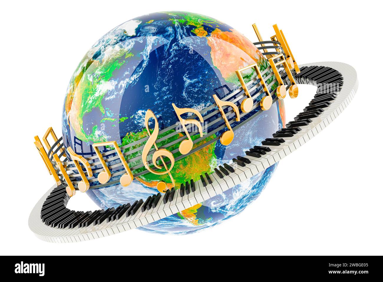 Earth Globe with piano keyboard and musical notes around, music concept ...